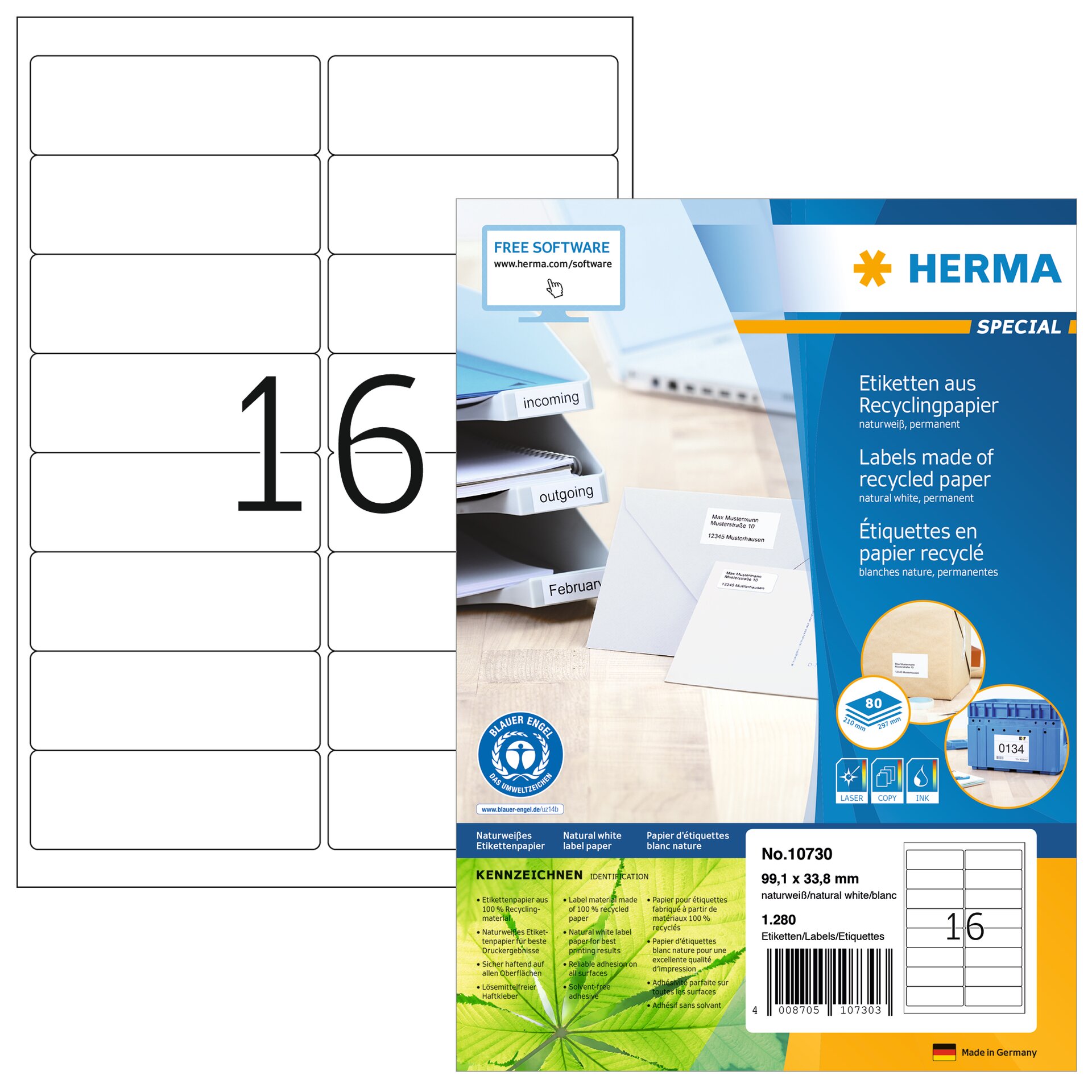 Address labels made of recycled paper A4, 99,1 x 33,8 mm, white ...